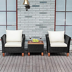 Tangkula 3 Piece Patio Furniture Set, Patiojoy Outdoor Wicker Rattan Bistro Sofa Set w/Washable Cushion, Acacia Wood Top Coffee Table, Conversation Set for Balcony Backyard Porch (White)