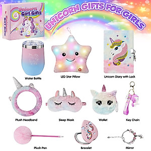 Sabdrau Unicorn Gifts for Girls 4 5 6 7 8 9 10+ Years Old, Kids Unicorns Toys with Light Up Plush Star Pillow/Diary/Headband/Eye Mask/Water Bottle, Soft Plush Toys Set for Birthday Gift Christmas