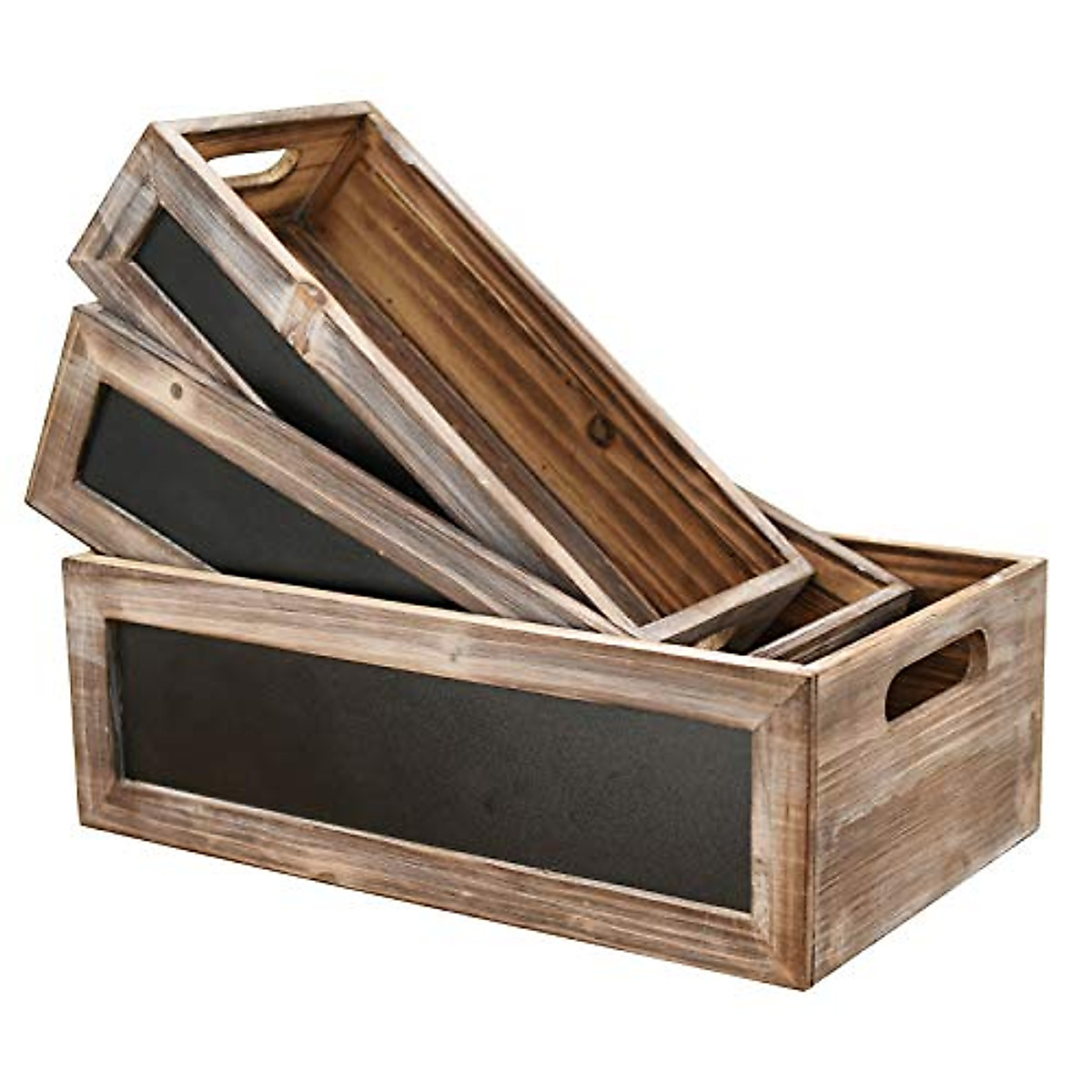 MODE HOME Set of 3 Large Torched Wood Decorative Storage Crates with Chalkboard, Nesting Wooden Crates for Display Rustic, Farmhouse Wooden Storage Container Boxes Made from 100% Wood