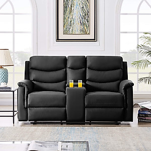 Sofa PU Leather Recliner Loveseat with Console Slate, Cup Holder, Double Recliner 2-Seater for Living Room Theater Seating Rv Furniture, (Black)…