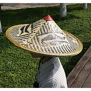 xihexi Chinese Bamboo Hat Oriental Asian Japanese Garden Fish Conical Cap Dia.19 Inch