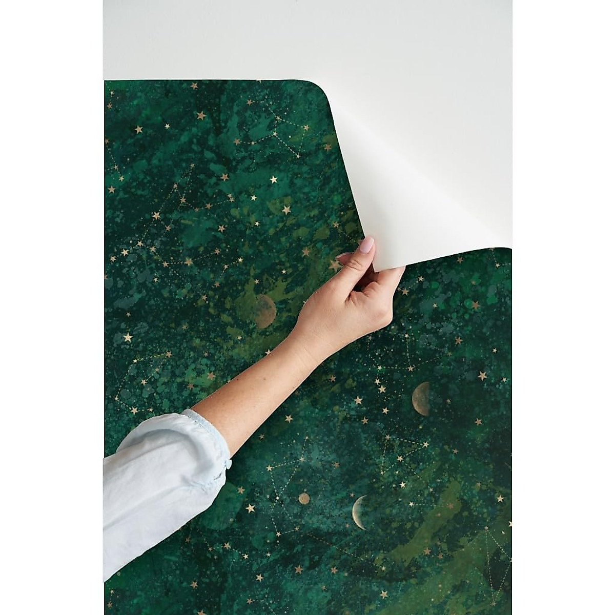 Peel & Stick Wallpaper 3ft x 2ft - Dark Green Moon Stars Bohemian Star Night Celestial Custom Removable Wallpaper by Spoonflower