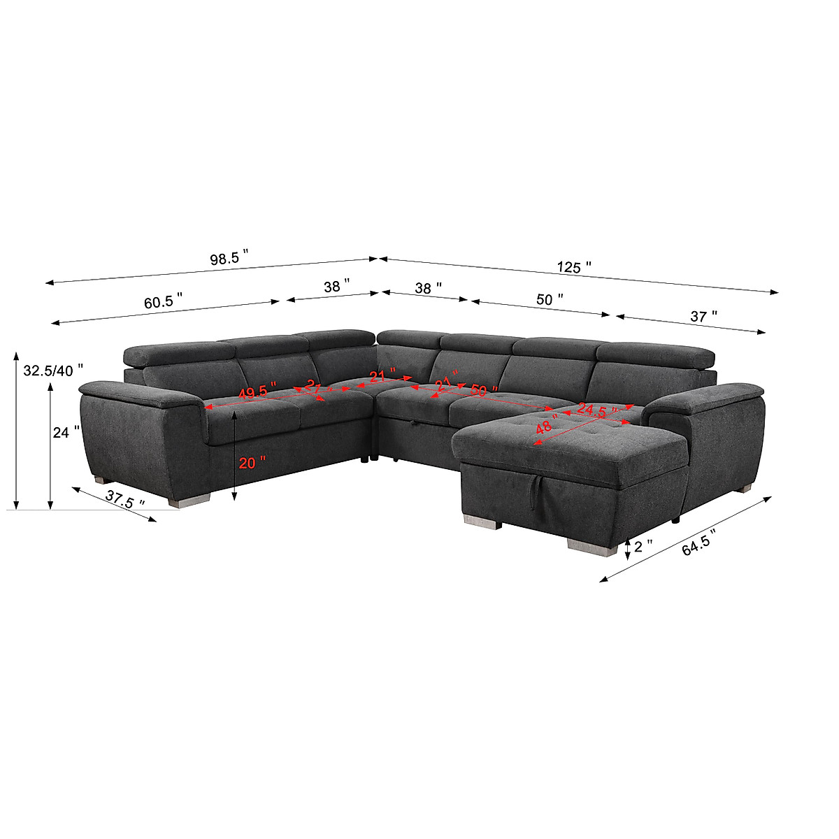 RENDGO 125" U Shaped Sectional Sofa with Pull-Out Bed, Sofa Bed with Adjustable Headrests Storage Chaise, Upholstered Oversized Sectional Sleeper Couch with Ottoman for Living Room,Dark Grey