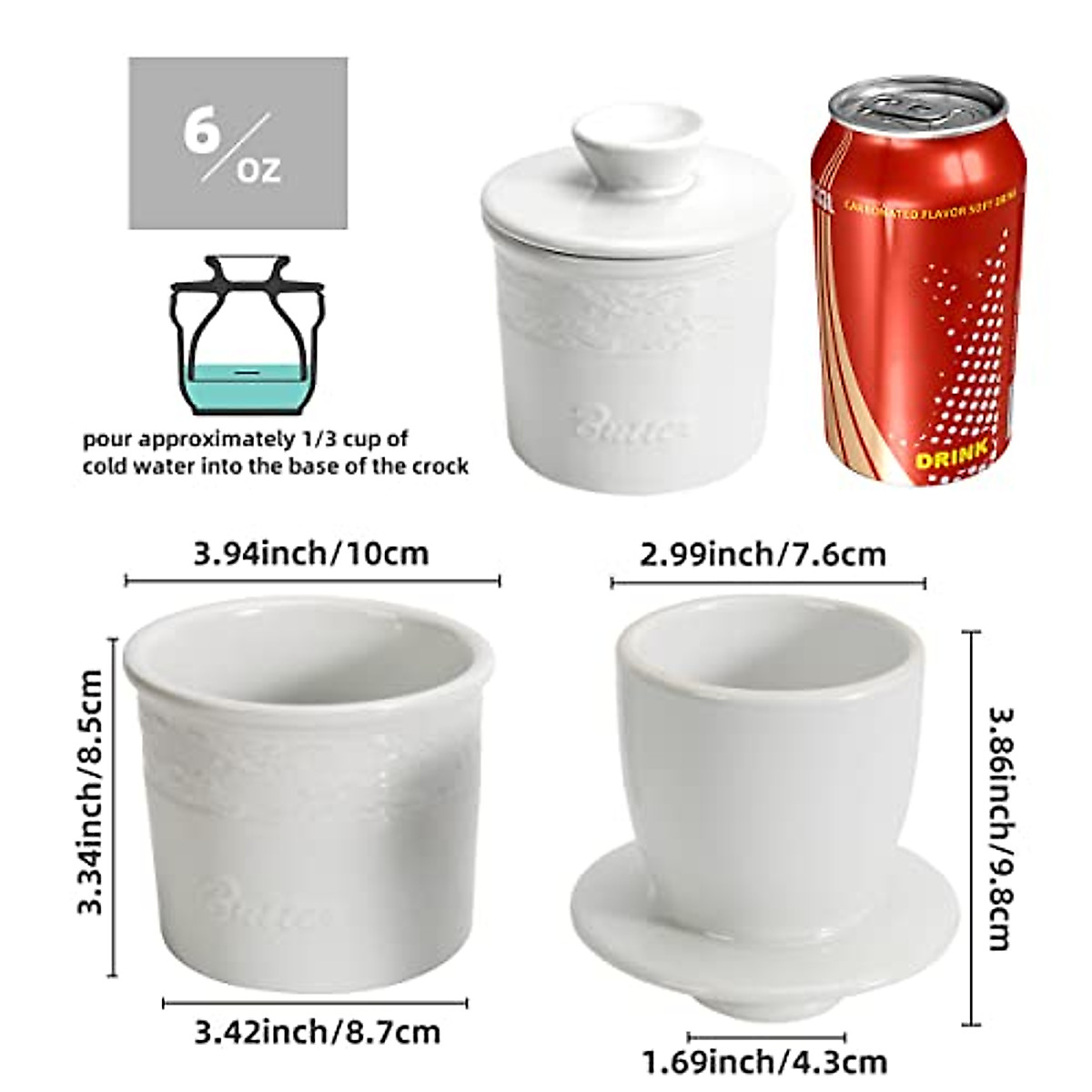 SGAOFIEE Porcelain Butter Crock, Butter Keeper Dish, French Ceramic Crock with Lid, Countertop French Ceramic Butter Dish Keeper for Spreadable Butter, White