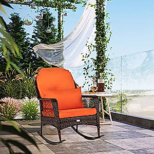 VINGLI Outdoor Wicker Rocking Chair with Cushions & Pillow, Rocker Chair Outdoor Porch Rocking Chair Wicker Chair, Rattan Rocking Chair for Garden, Porch, Backyard (1 Pack)