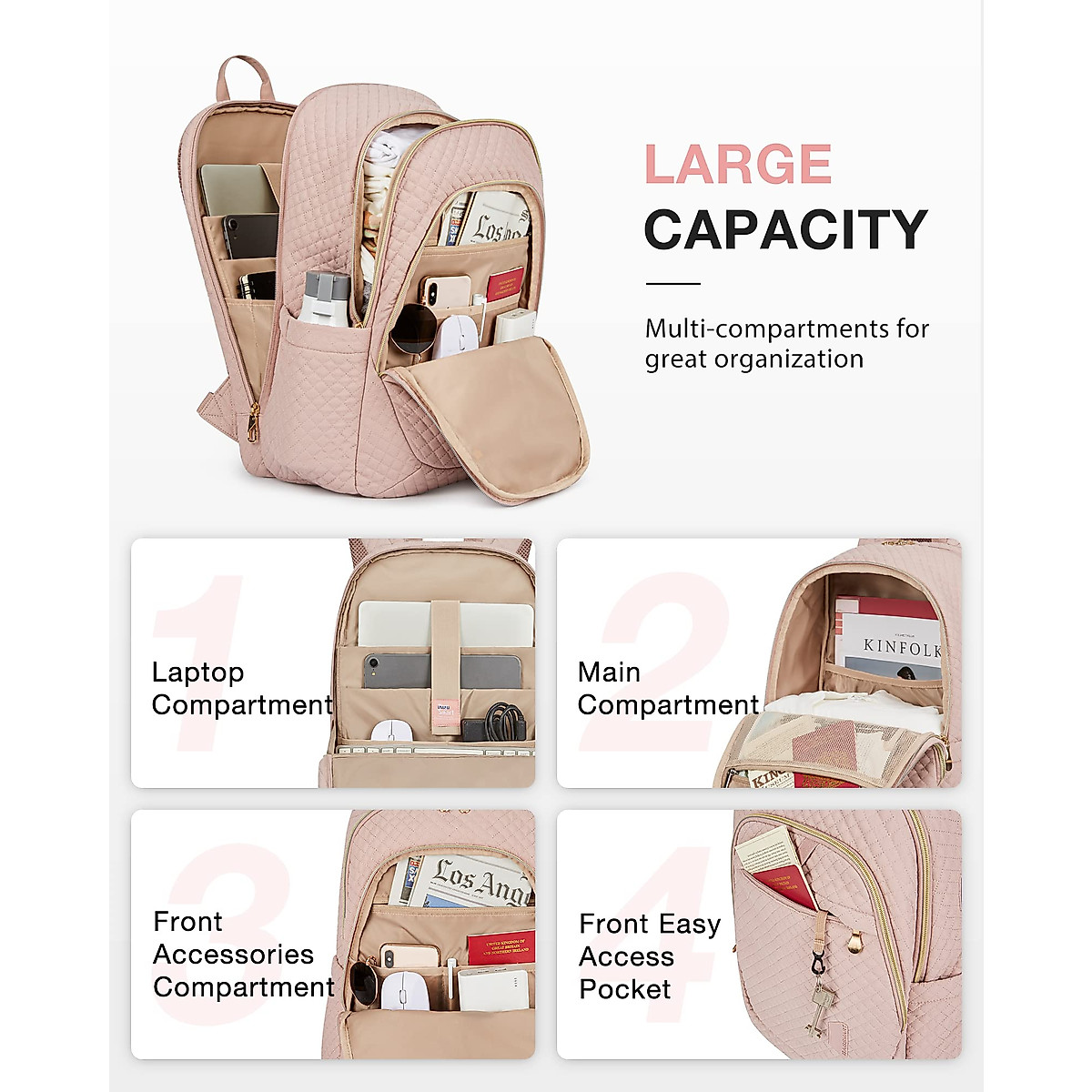 BAGSMART 15.6 Inch Pink Quilted Laptop Backpack for Women with USB Charging Port