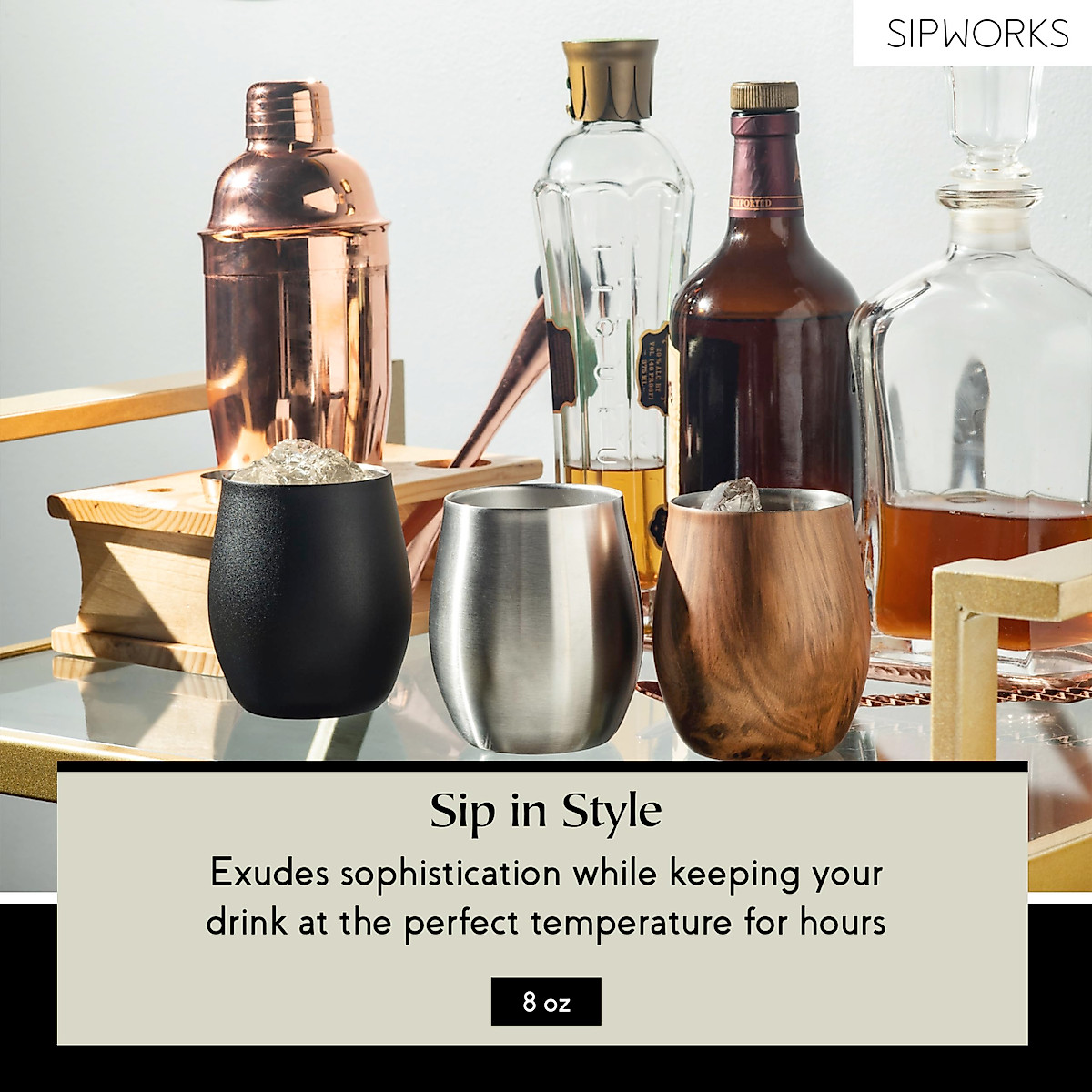 Sipworks Whiskey Tumbler - 8 oz Stainless Steel Tumbler with Double Walled Vacuum Insulation - Dishwasher Safe, Spill Resistant, Insulated Whiskey Tumbler for Travel & Parties - Mahogany