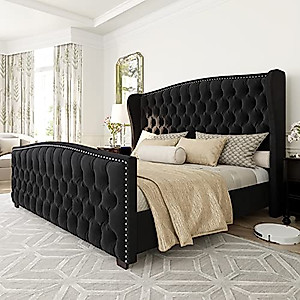 AMERLIFE King Size Platform Bed Frame, Velvet Upholstered Bed with Deep Button Tufted & Nailhead Trim Wingback Headboard/No Box Spring Needed/Black