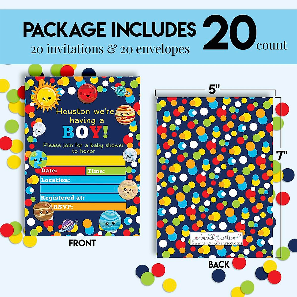 Outer Space Planets Themed Baby Sprinkle Baby Shower Invitations for Boys, 20 5x7 Fill In Cards with Twenty White Envelopes by AmandaCreation