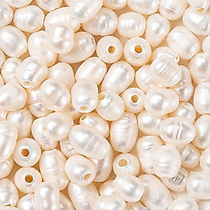 Beadthoven 100pcs 7-10mm Natural Oval Freshwater Pearl Beads 1.8mm Big Large Hole Rice Shape Pearls for Leather Cord Beading Jewelry Making DIY Crafts (White)