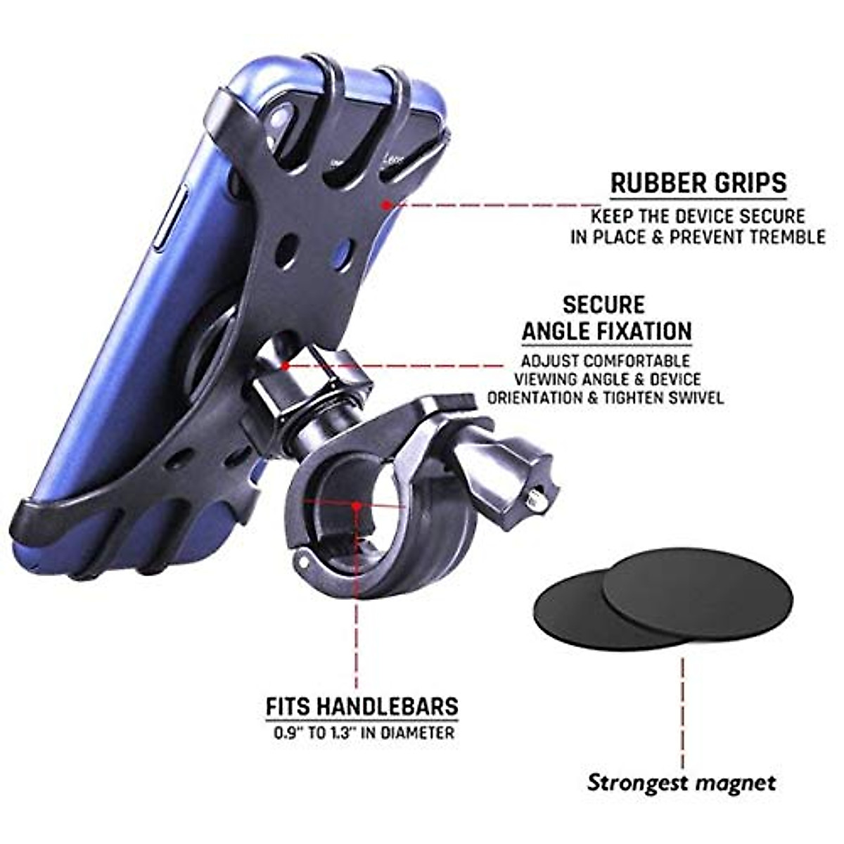 Universal Magnetic Bike, Motorcycle, Mic Stand, Pole, Stroller, Shopping Cart Mount for Cell Phones. Compatible with iPhone, Samsung Galaxy, HTC, Google, etc.