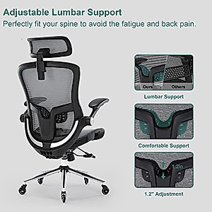 Ergonomic Mesh Office Chair, Home Office Desk Chairs with Adjustable Backrest, High Back Computer Desk Chair with Adjustable Headrest and Flip-Up Arms, Swivel Task Chair (Grey)