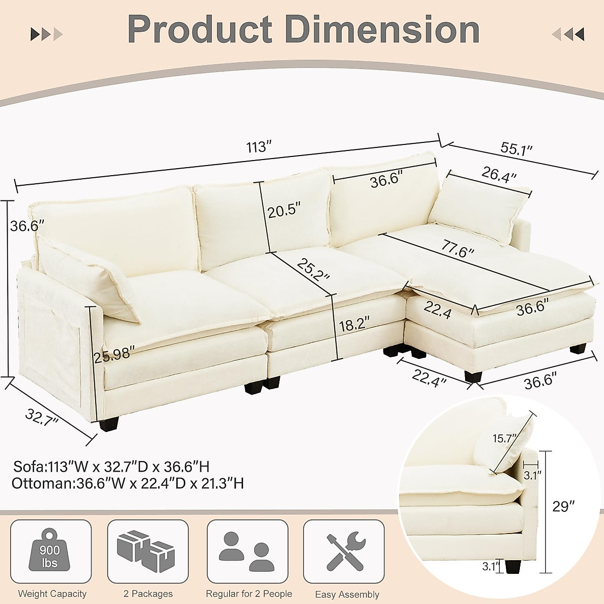 SAMERY Sectional Sofa Cloud Couch, 113" Big Comfy Couch L Shape Sofa Couch for Living Room Extra Deep Seat Sofa Couch Chenille Sofa Sleeper with Ottoman/Pillows, Cream White 3 Seat Sofa Cloud Couch