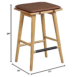 Nathan James Barker Classic Counter Height Wood Barstool with Leather Removable Cushion, Backless Island 24" Bar Stool for Kitchen, Chestnut Brown