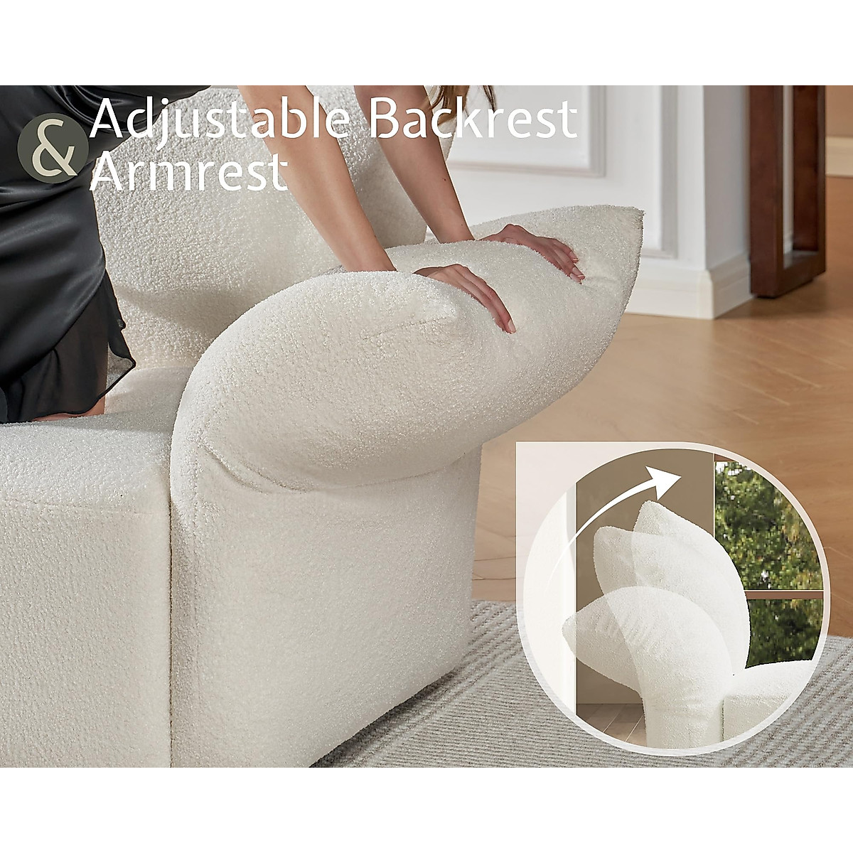 Jocisland 118 Inch Sectional Couch, 3 Seats Modular Sectional Sofa- Adjustable Arm and Backrest, Modern Sofa- Comfy Couches for Living Room, Off-White Bouclé