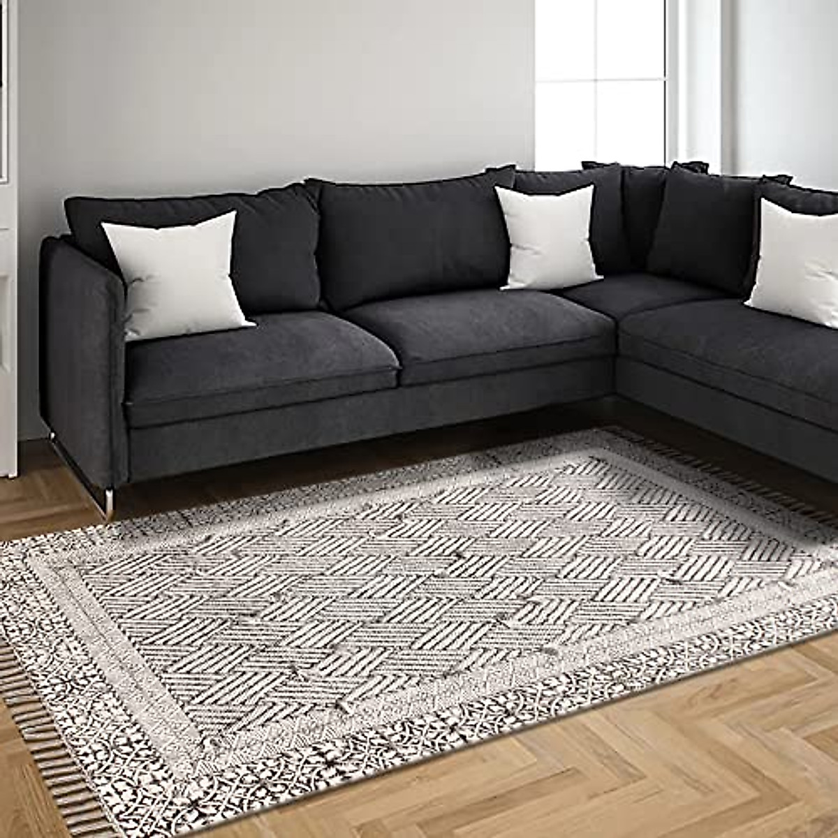 Casavani Handmade Area Rugs Hand Block Printed Cotton Dhurrie Gray, Black Boho Kilim Flat Weave Rug Indoor Bedroom Decor Rugs for Laundry Kitchen Bathroom 4x20 Feet Runner (120x600 cm)