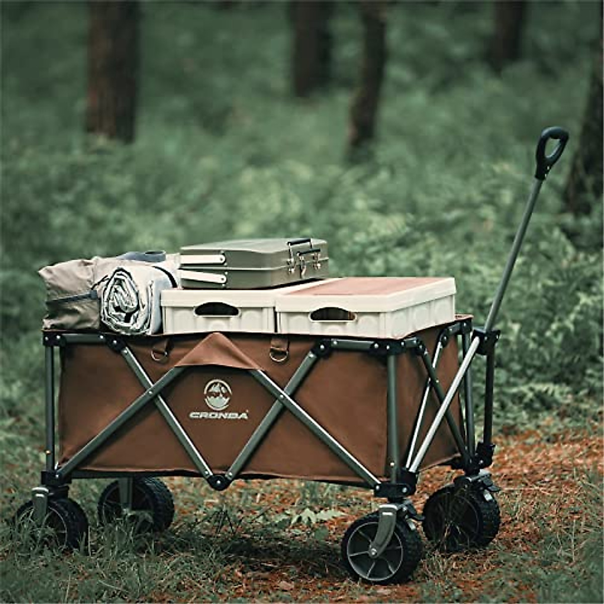 CRONDA Boutique Foldable Camping Cart, Heavy Duty Collapsible Folding Wagon Utility Outdoor Camping Garden Cart, All Terrain Wheels with Brake (Brown)