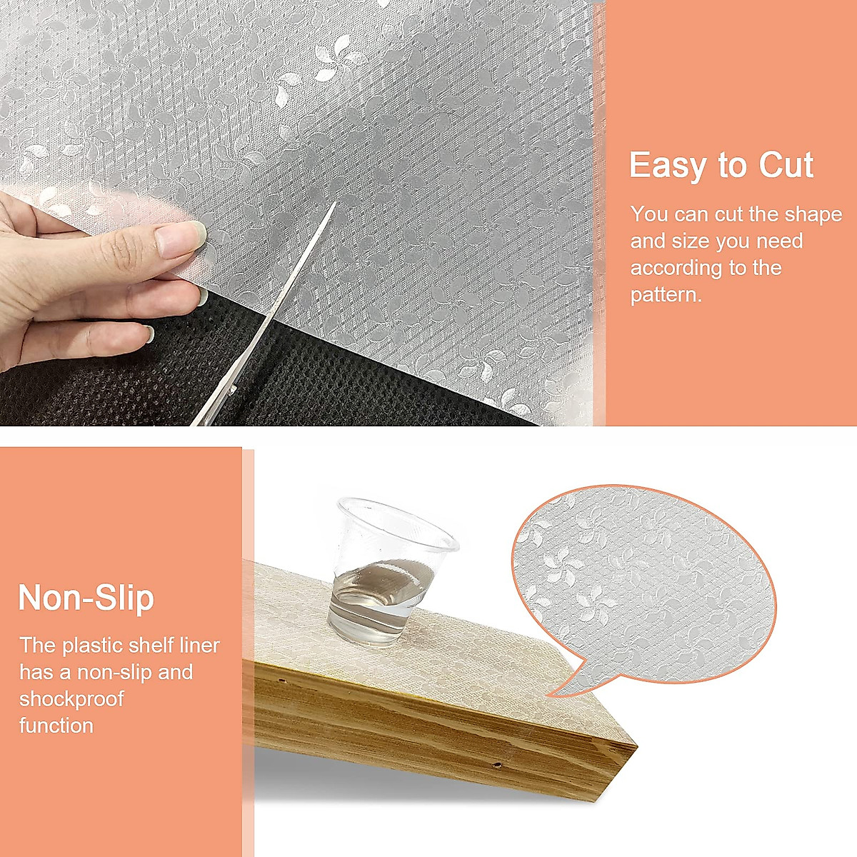 Shelf Liner, Shackcom 17.5in x 19.7ft Non-Slip Drawer Liner, PET Non Adhesive Washable Oil-Proof for Kitchen Cabinet, Shelves, Refrigerator, Storage, Table, Sink Mat (Clear, Bauhinia Pattern)