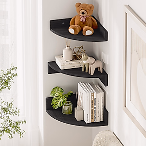 Alsonerbay Black Corner Shelf Wall Mount, Set of 3 Floating Shelves for Wall Storage and Display, Rustic Wood Shelves for Bedroom, Living Room, Bathroom, Entryway, Garage