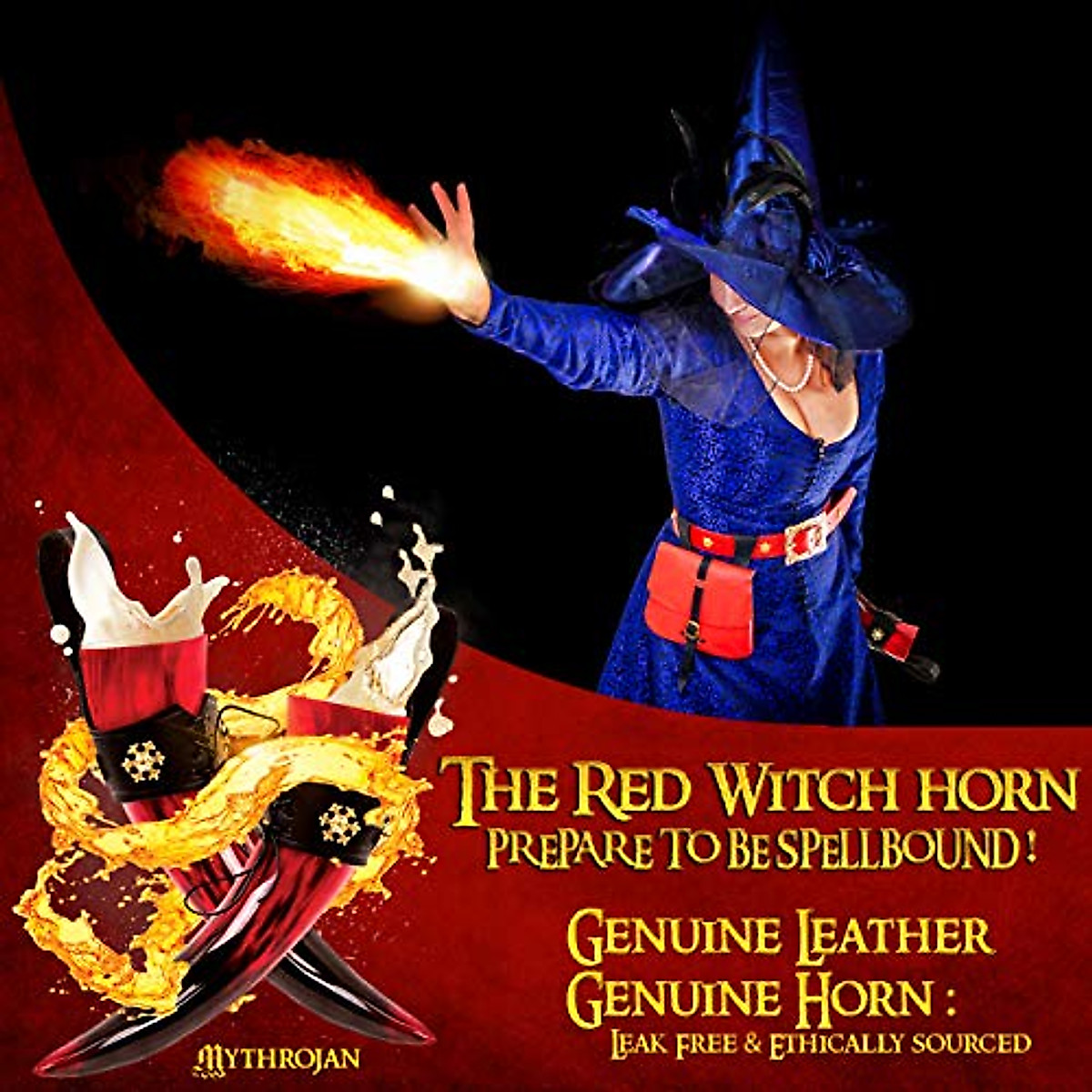 Mythrojan THE RED WITCH Viking Drinking Horn with Black Leather holder Authentic Medieval Inspired Viking Wine/Mead Mug – Polished Finish