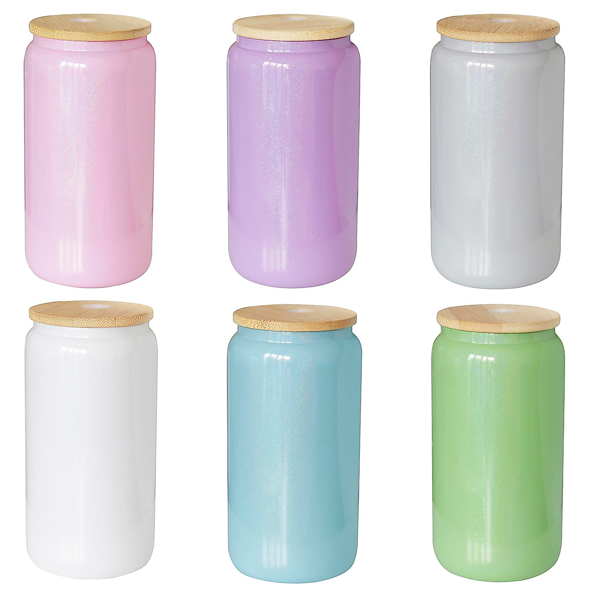VEVELU 30 Pack Sublimation Glass Cups with Lids and Straws 16oz Shimmer Sublimation Beer Glasses Can Blanks Tumblers Sparkling Iridescent Glass Cups with Bamboo Lid Drinking Juice Jars Iced Coffee Cup
