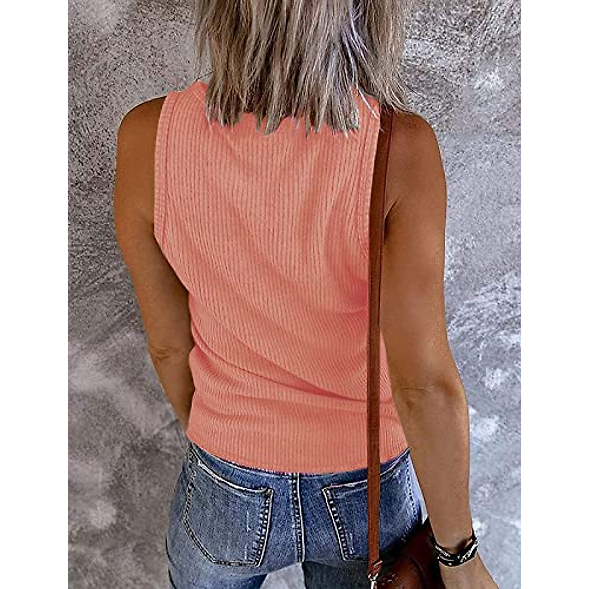 MEROKEETY Womens V Neck Tank Tops Summer Sleeveless Ribbed Button Casual Henley Shirts Salmon