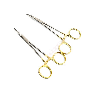 Premium German Stainless- Set of 2 PCS Gold Handle Mosquito Locking HEMOSTAT Forceps Straight + Curved 5"-Cynamed