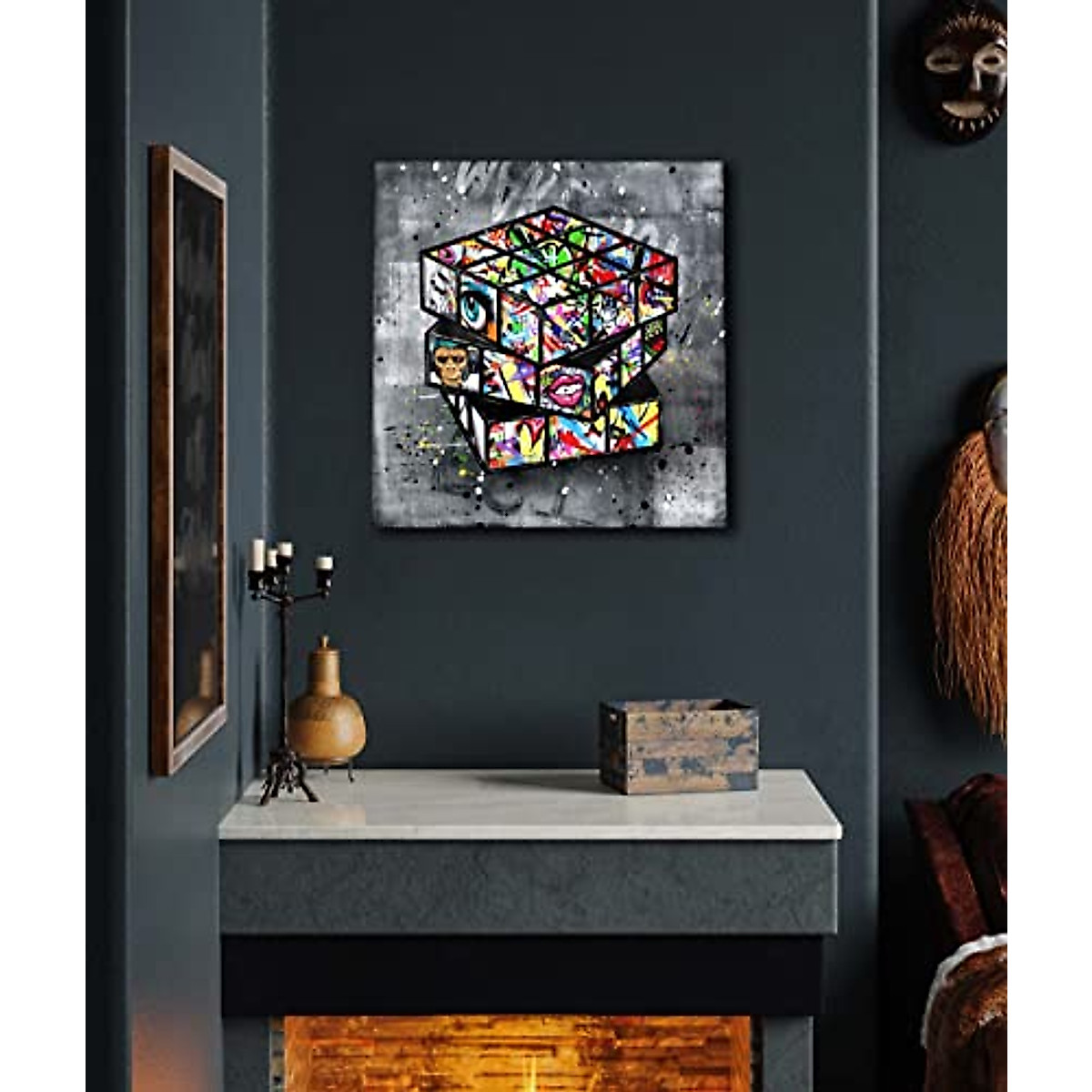 SIXTTART Banksy Canvas Wall-Art for Bedroom - Street Graffiti Wall Art - Abstract Painting Pop Art Wall Decor Modern Home Office Decor 14" W x 14" H Stretched and Framed Ready to Hang