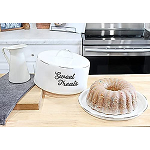 AuldHome Enamelware White Cake Cover; Rustic Decorative Cake Plate with Domed Lid