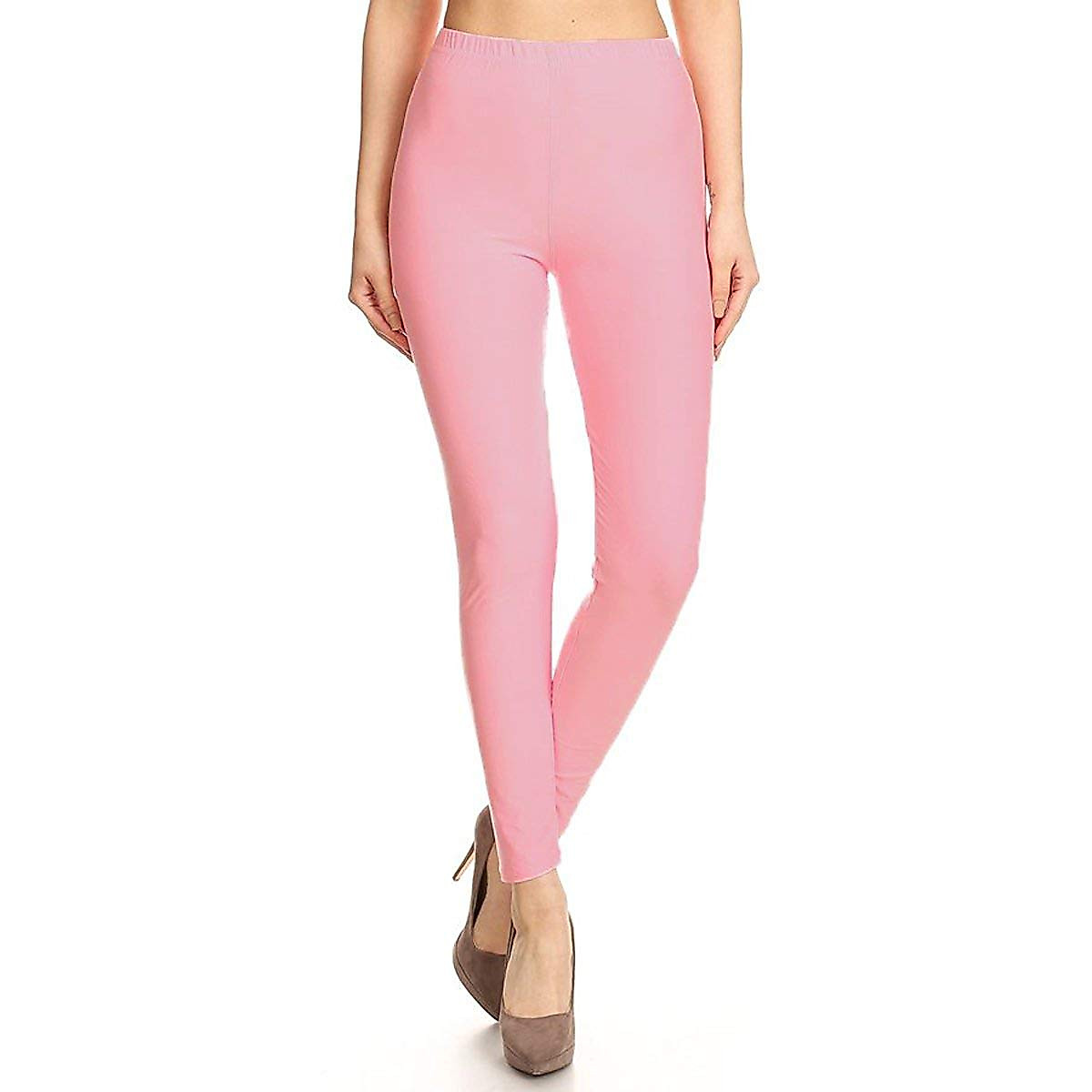 Leggings Depot Womens 1" Waistband High Waisted Solid Leggings Pants (Full Length, Pink, 1X-3X)