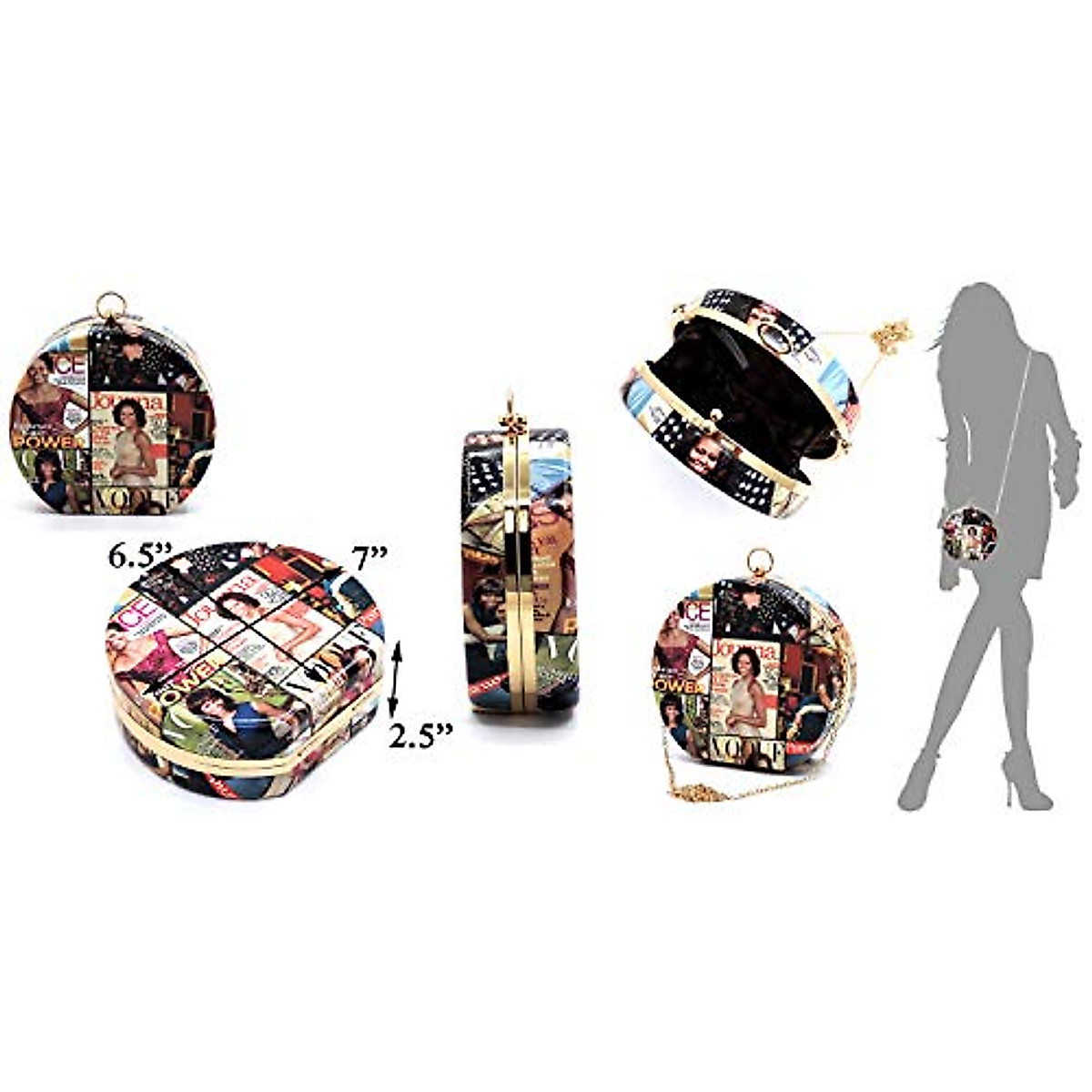 Amy & Joey Glossy Magazine Cover Collage Michelle Obama Printed Round Hard Clutch Bags With Chain Shoulder Strap (Multi)
