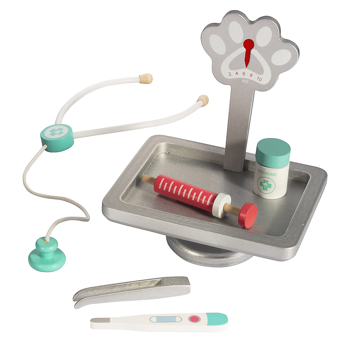 Vet Center Pretend Pet Hospital Playset- Wooden Animal Interactive Medical Checkup Set with Toy Cat, X-Ray Cards Stethoscope & Veterinarian Medical Accessories, Fun Doctor Role Play Gift for Kids