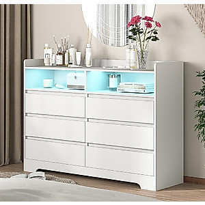 CIPACHO White Dresser for Bedroom,Modern 6 Drawer Dresser with LED Light and Open Shelf,Wide Storage Chest of Drawers,Bedroom Storage Furniture
