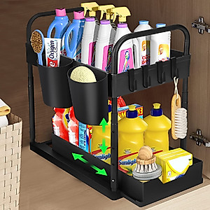 Under Sink Organizers and Storage, Adjustable Height Sliding Under Bathroom Cabinet Storage Organizer, 2 Tier Under Kitchen Sink Organizer with 4 Hooks, 4 Hanging Cup for Bathroom, Kitchen (Black)