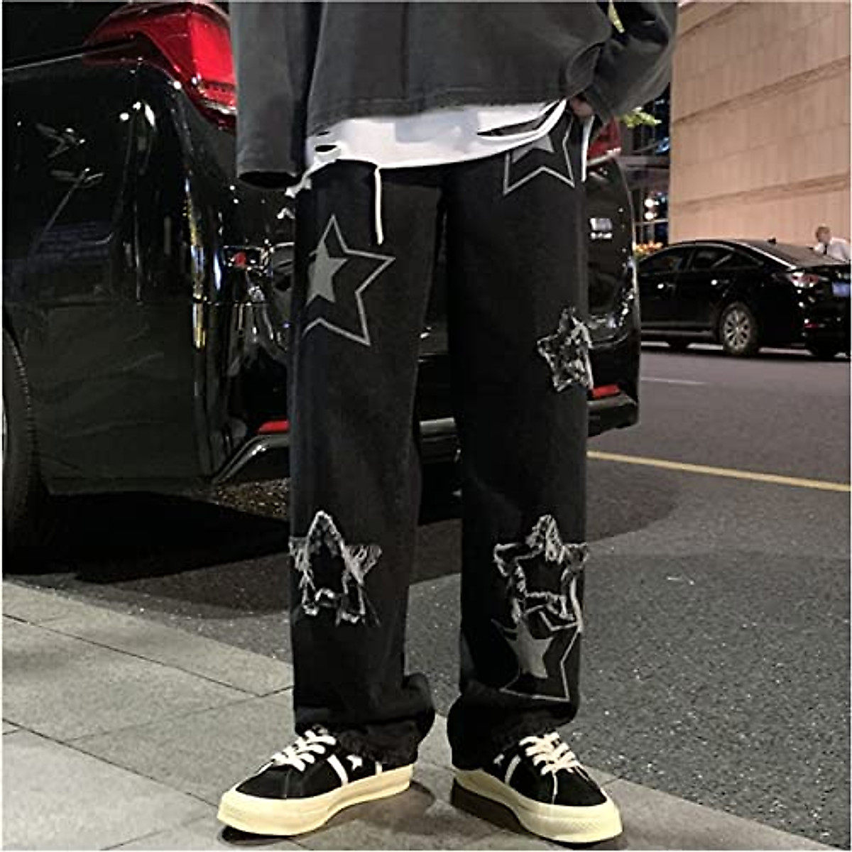 Y2K Baggy Jeans Mens Straight Wide Leg Vintage Denim Pants Black Hip Hop Patchwork Trousers
