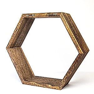 Hexagon Wooden Shelves – Set of 3 Geometric Floating Wall Shelf –Small, Medium, Large -Rustic Brown Honeycomb Design for Bedroom, Living Room, Office.