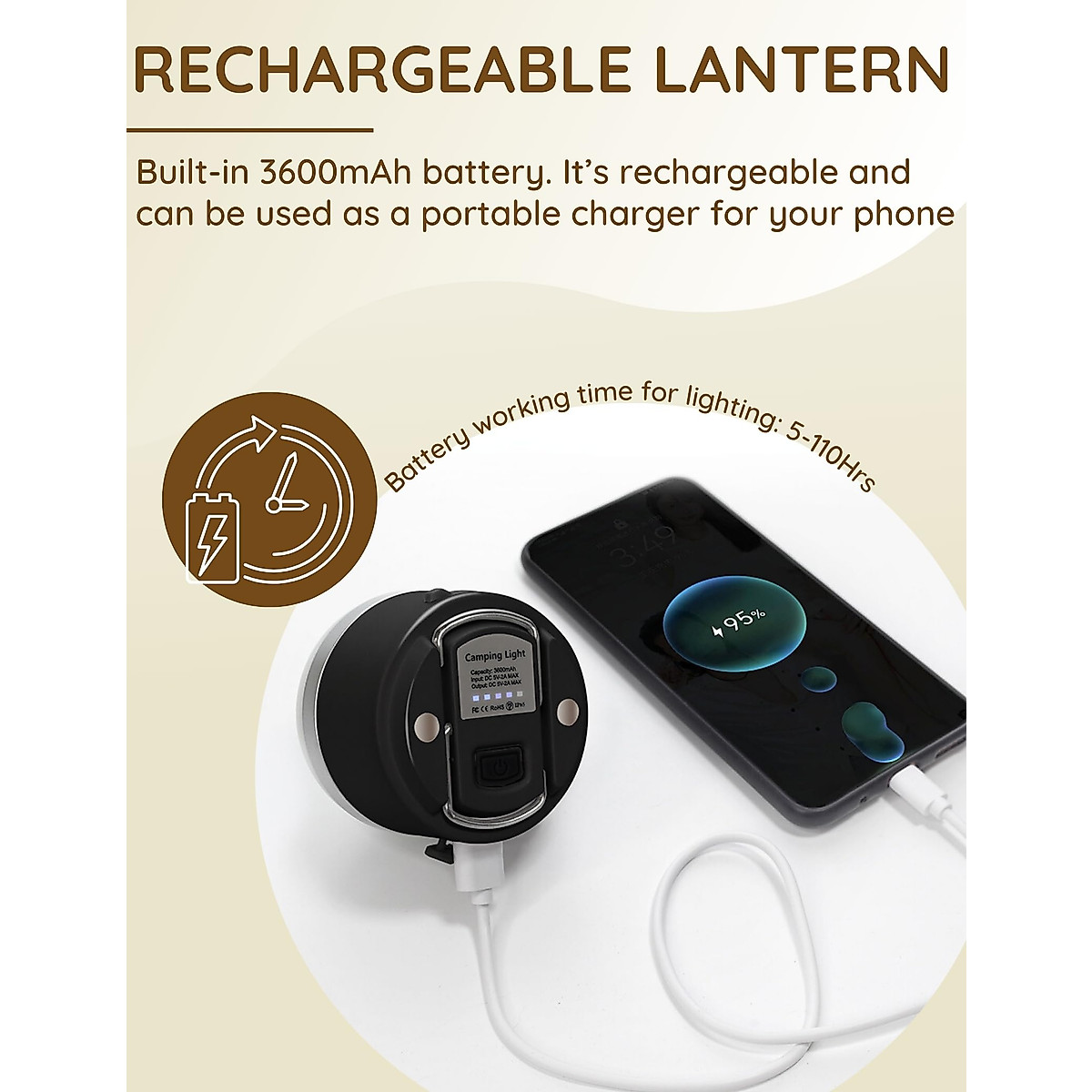 Joyzy Camping Lantern Rechargeable, LED Camping Light with 5 Light Modes, Outdoor Rechargeable Lantern, Adjustable Brightness Mini Hanging Lantern for Camping (Black)