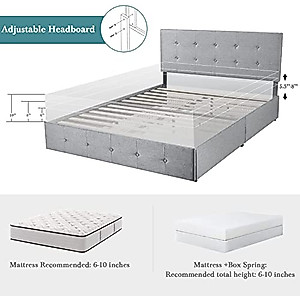 HOOMIC King Size Platform Bed Frame with 4 Storage Drawers, Adjustable Headboard with Square Stitched Button Tufted Design, Wooden Slats, No Box Spring Needed, Noise Free, Easy Assembly, Light Grey