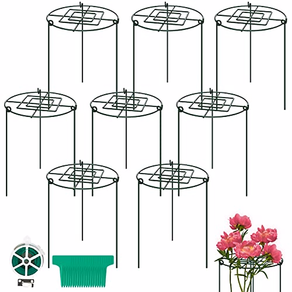 BLIKA 12 x 20 Inch Grow Through Plant Support, Peony Cages and Supports Grow Through Plant Supports Ring Hoop, Plant Brace Flower Support Rings, Pack of 8