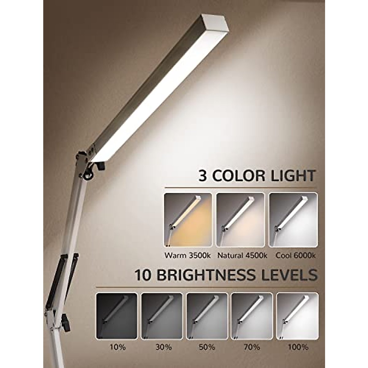 LED Desk Lamp, Adjustable Swing Arm Desk Light with Clamp, 3 Modes &10 Brightness, Study Clamp Light for Architect Kids, Memory Function, Bright Desk Lamps for Home Office Read Room Desktop, White-14W