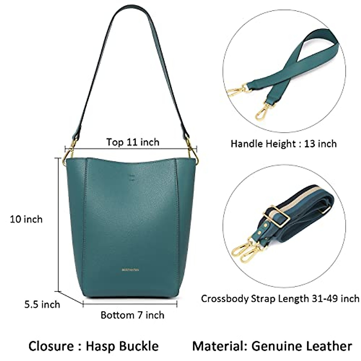 BOSTANTEN Leather Purses and Handbags for Women Designer Hobo Bucket Bag Fashion Small Crossbody Purses Peacock Blue small Size