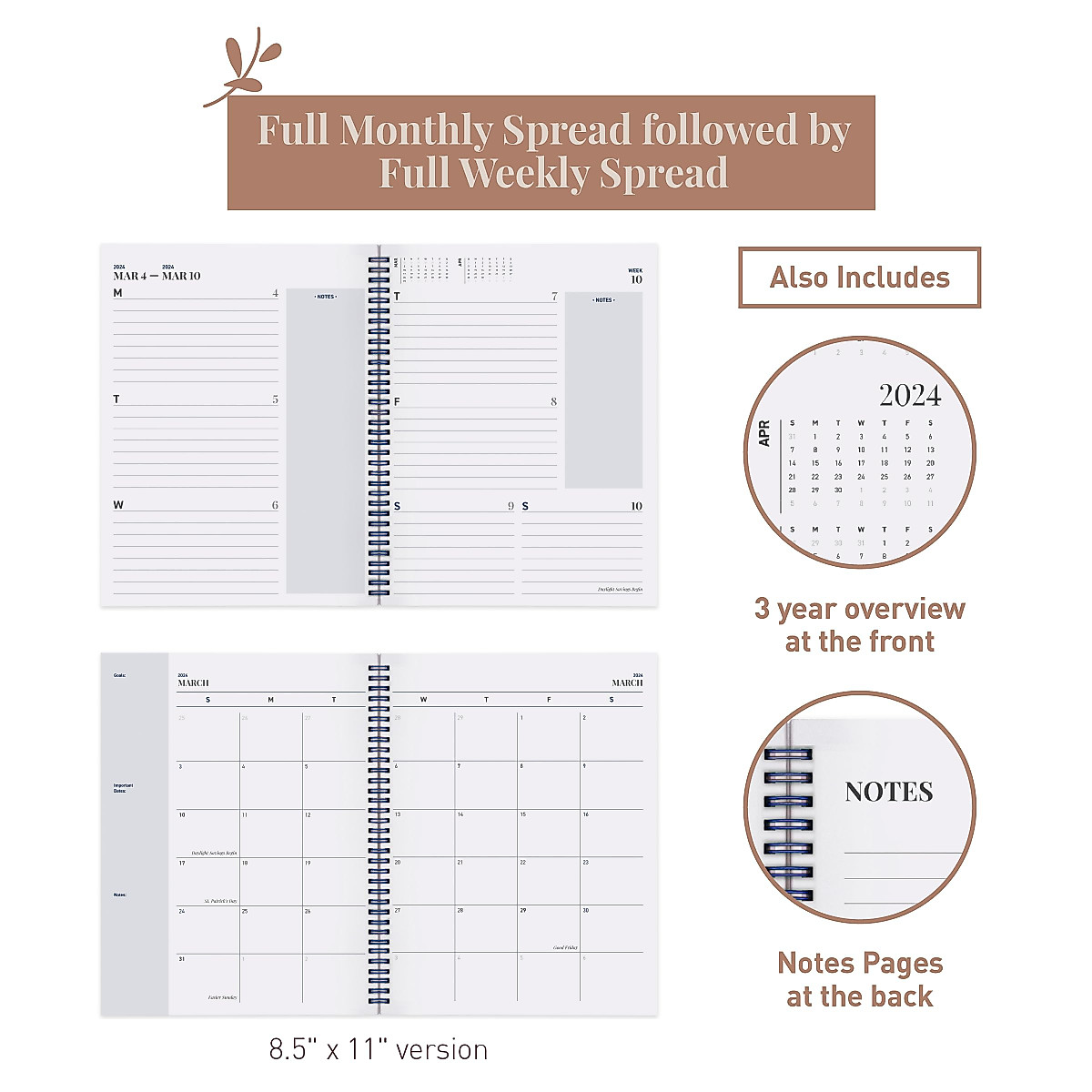 Rileys Planner 2024-2025 18-Month Academic Weekly Planner - Typographic Weekly & Monthly Agenda Planner, Flexible Cover, Notes Pages, Twin-Wire Binding (8 x 11 inch, Pink)