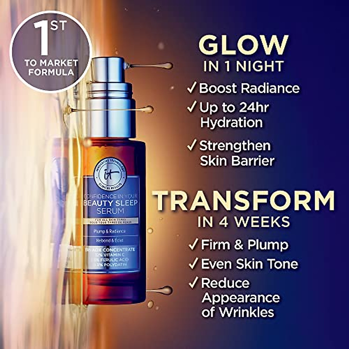 IT Cosmetics Confidence in Your Beauty Sleep Triple Antioxidant Brightening Serum – 24HR Hydration – Anti-Aging – 12% Vitamin C Serum - Fragrance Free – All Skin Types, 1.0 Fl. Oz