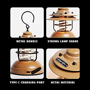 PINSAI LED Camping Lantern,Mini Rechargeable Retro Warm Camp Light,Battery Powered Metal Vintage Hanging Lamp,Portable Waterpoor Outdoor Tent Bulb, Emergency Lighting for Power Failure,Outages