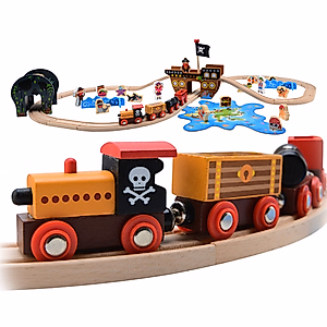 Pidoko Kids Pirate Theme Wooden Train Set - 72 Pcs - Includes Magnet Fishing Poles - Set compatible with all major brand tracks and trains