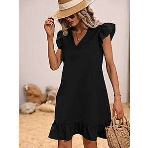 SOLY HUX Summer Dresses for Women V Neck Cap Sleeve Ruffle Hem Smock Short Dress Solid Black M