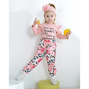 SUNNY PIGGY Baby Girl Clothes Newborn Outfit Infant Winter Fall Letter Print Flower Pants Set Long Sleeve Romper Baby Girl's Clothing with Headband 3-6 Months Pink 4PCS