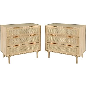 HOPUBUY Large Nightstand Set of 2 with Rattan Drawer, Modern 3 Drawer Night Stand for Bedroom, Wooden Bedside Table for Queen Size and King Size Bed,Oak