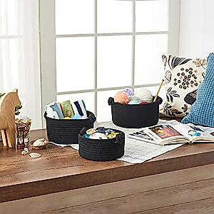 EZOWare Set of 3 Small Nursery Round Cotton Rope Knit Basket Cubes, Woven Storage Organizer Bins for Changing Table, Kids Baby Closets, Room Decor, Dog Cat Toys, Towels, Gift Baskets Empty - Black