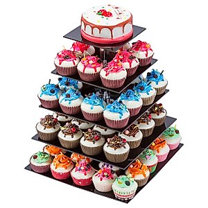 SinoAcrylic Cupcake Stand - 5 Tiers Square Cupcake Tower - Tiered Serving Dessert Cake Holder - Unique Black Exquisite Plate - Perfect for Wedding, Birthday, Party, Baby Shower and Christmas